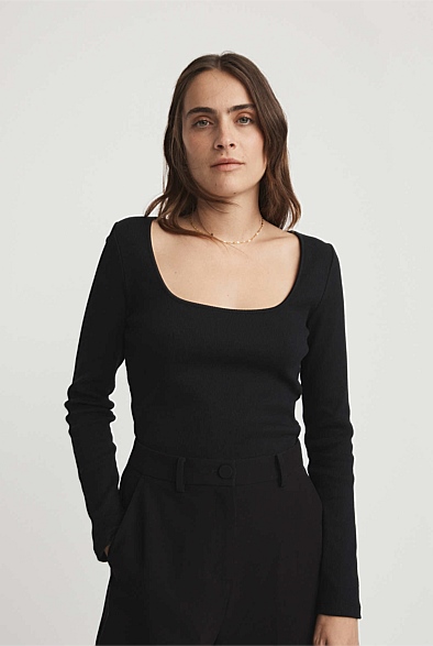 Black Cotton Rib Wide Neck Top Womens Long Sleeve Tops Witchery