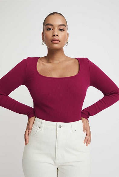 Rhubarb Cotton Rib Wide Neck Top - Women's Long Sleeve Tops | Witchery