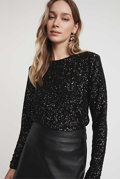 Black Crew Sequin Top - Women's Evening Tops | Witchery