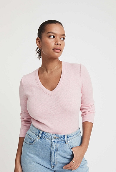 Pink Melange Cotton V Neck Rib Top - Women's Long Sleeve Tops | Witchery