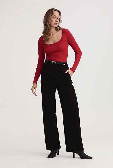 Cherry Cotton Rib Wide Neck Top Womens Long Sleeve Tops Witchery