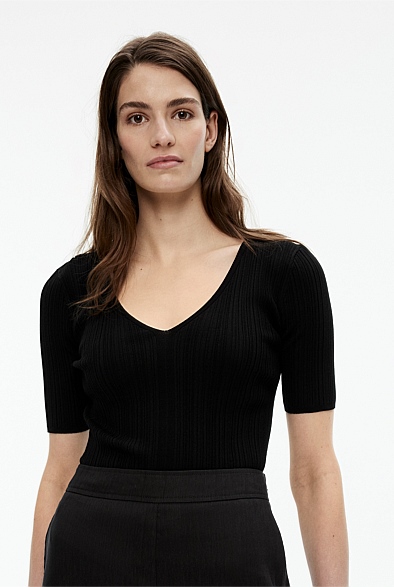 Black Variegated Rib Knit - Women's Short Sleeve Tops | Witchery