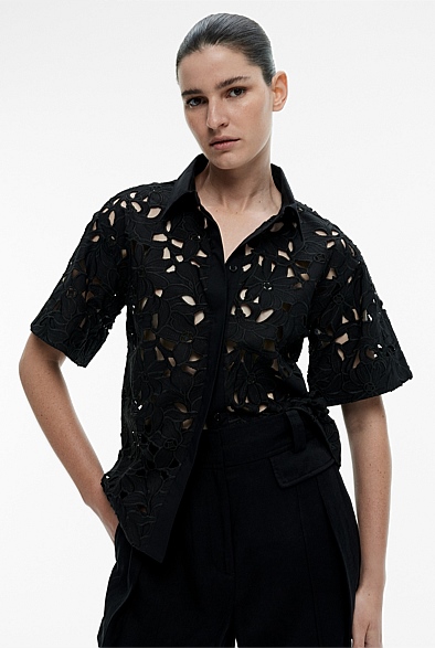 Black Lace Short Sleeve Shirt Womens Evening Shirts Witchery