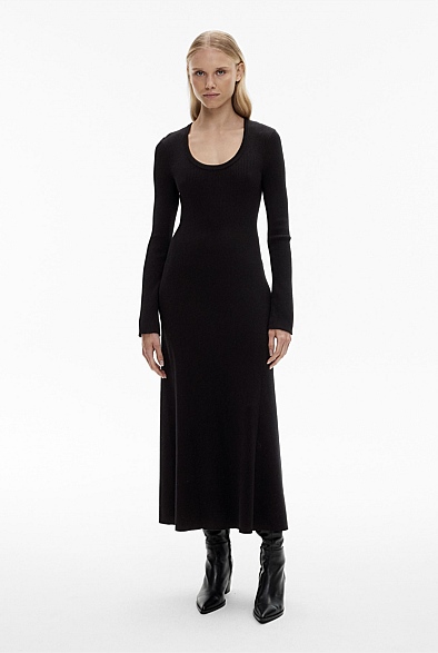 Black Wool Blend Scoop Knit Dress - Women's Black Dresses | Witchery