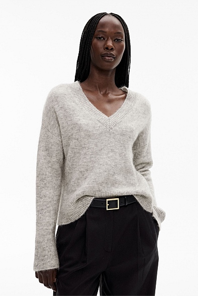 Light Grey Marle Tactile V Neck Knit - Women's V Neck Jumpers | Witchery