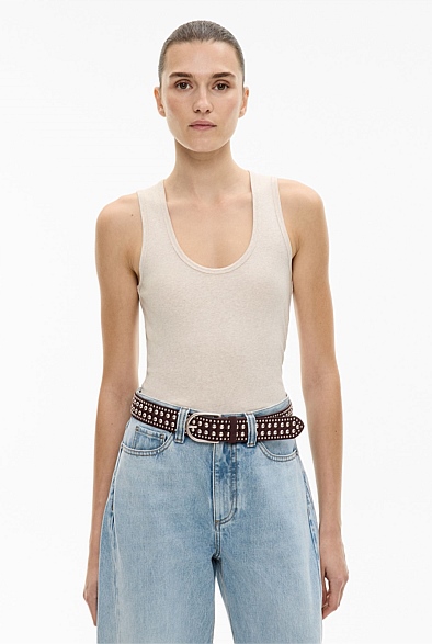 Oat Marle Scoop Rib Tank Top - Women's Sleeveless Tops | Witchery