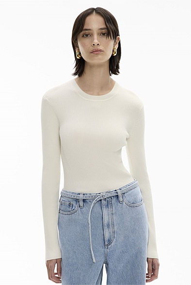Chalk Crew Neck Rib Long Sleeve Knit - Women's Long Sleeve Tops | Witchery
