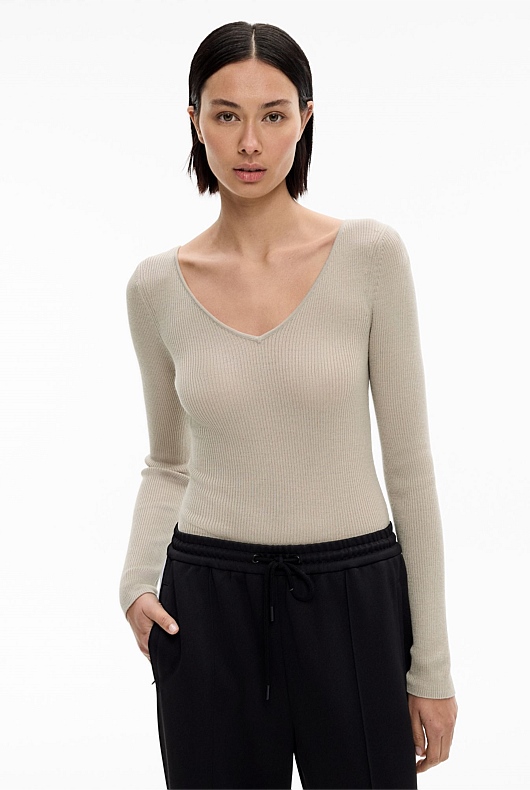 Moss Grey Wide Neck Knit - Women's Long Sleeve Tops | Witchery
