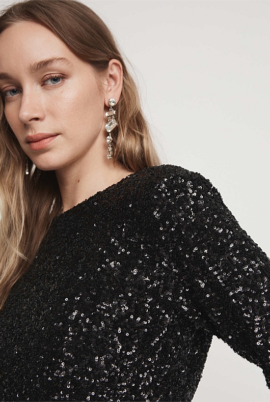 Black Crew Sequin Top - Women's Evening Tops | Witchery