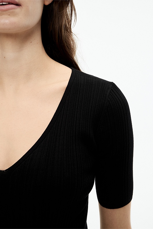 Black Variegated Rib Knit - Women's Short Sleeve Tops | Witchery