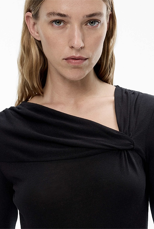 Black Wool Blend Twist Long Sleeve Top Womens Workwear Tops Witchery