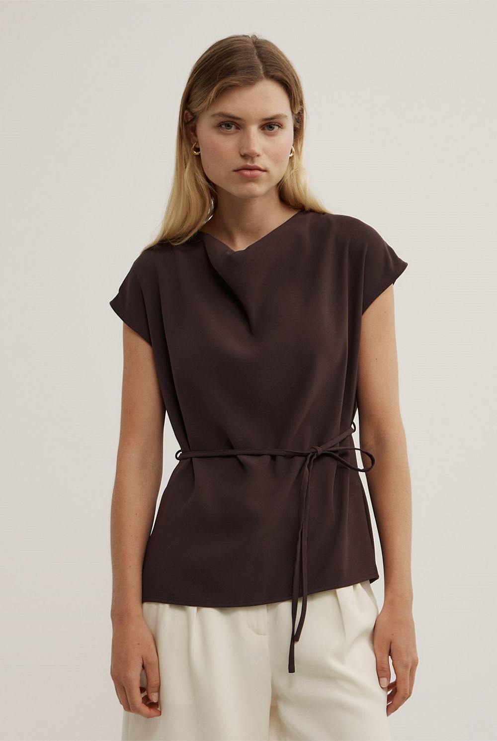 Espresso Cowl Tie Belt Top - Women's Evening Tops | Witchery