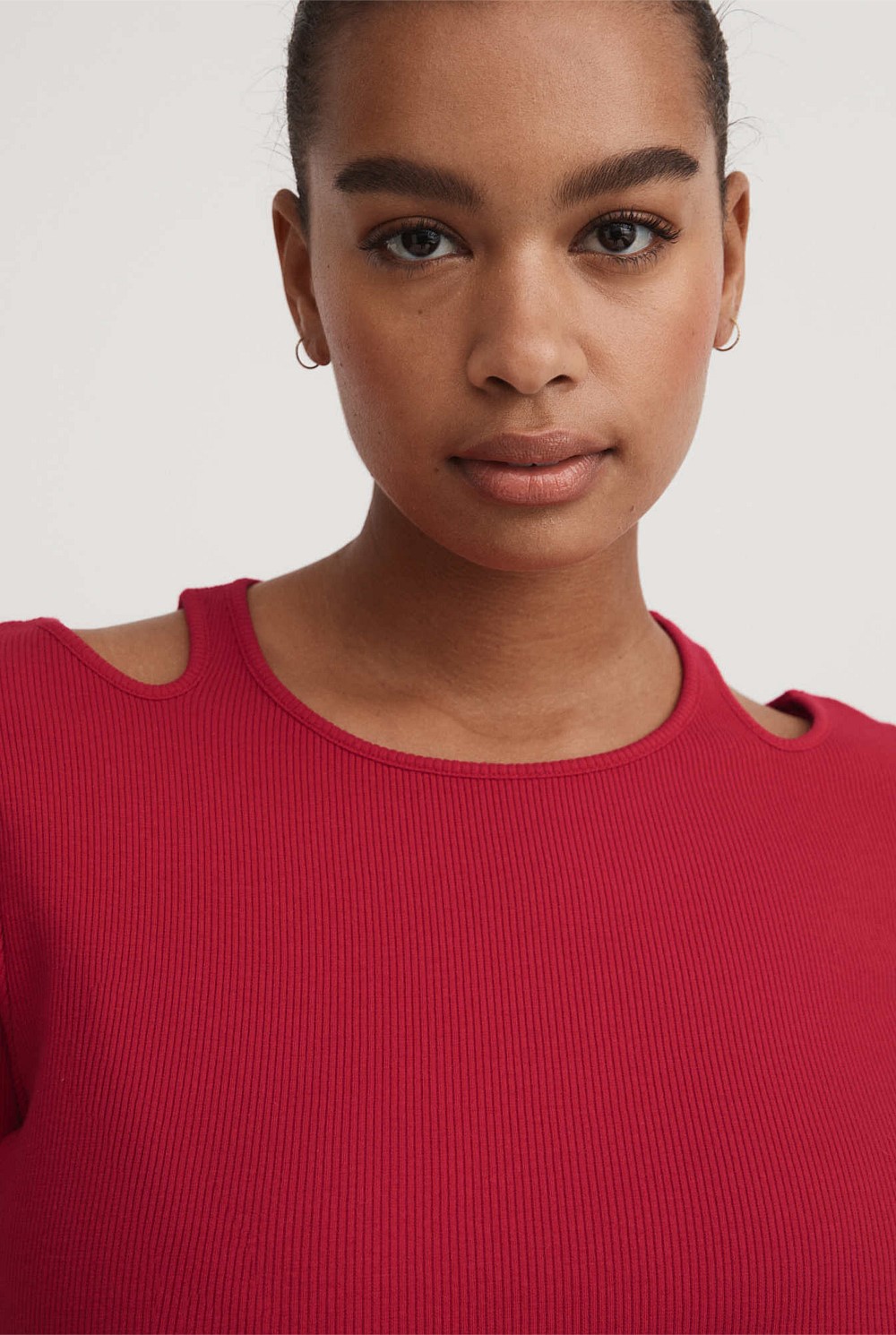 Cherry Cotton Rib Cut Out Long Sleeve Top - Women's Long Sleeve Tops ...