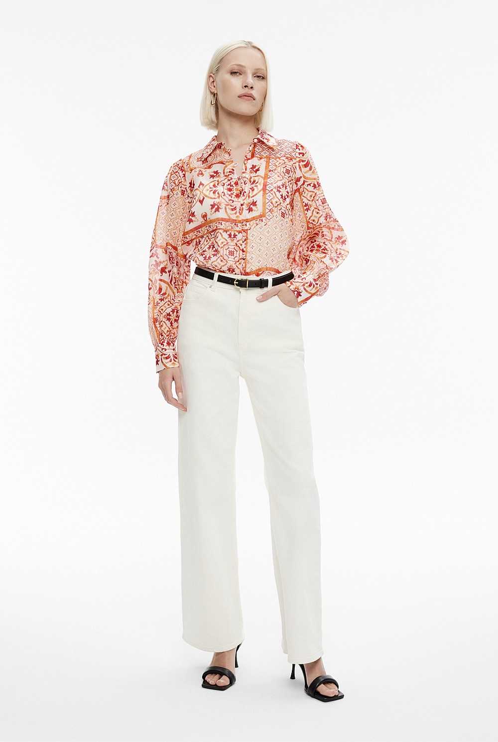 Light Red Silk Linen Tile Print Blouse - Women's Long Sleeve Shirts ...