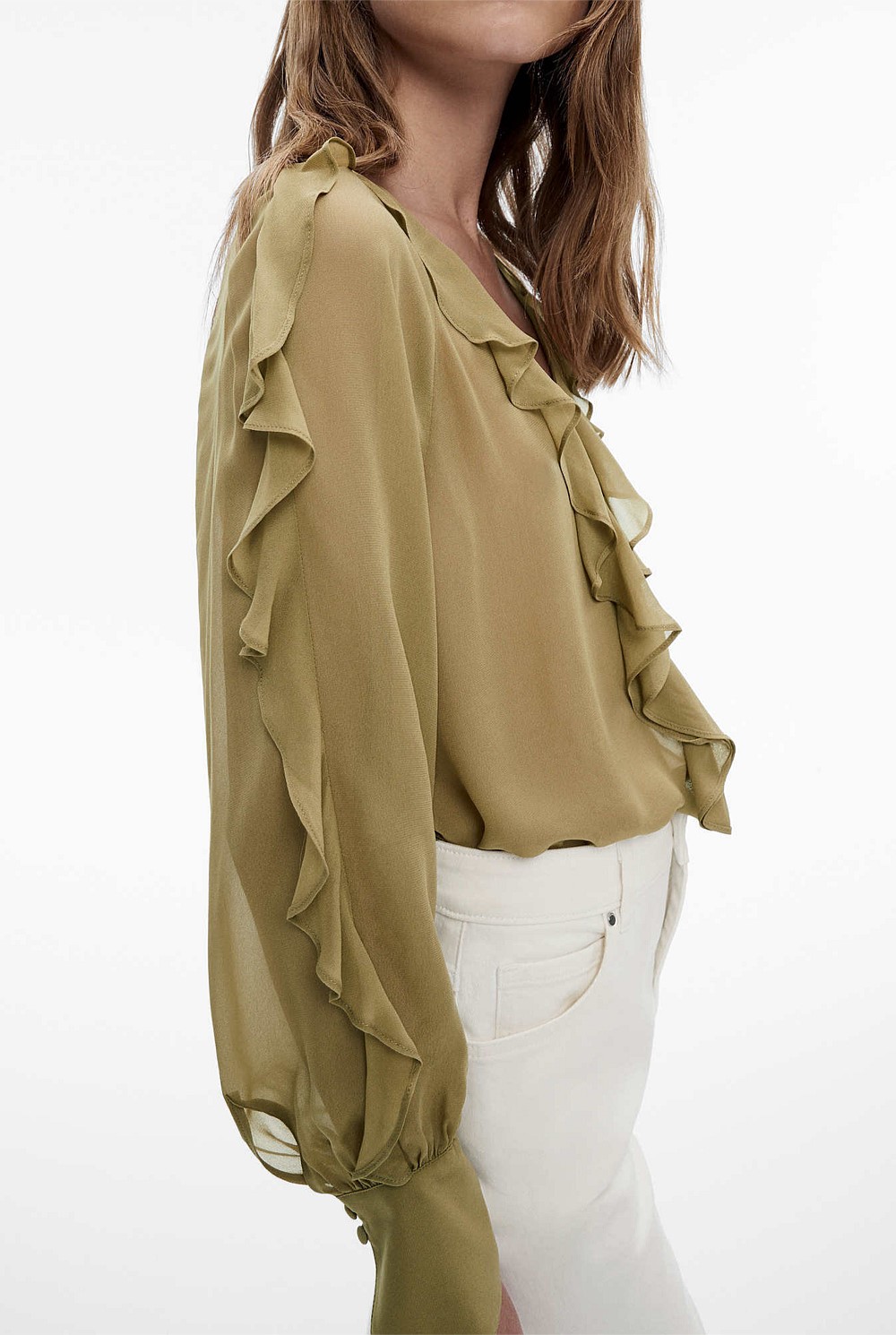 Army Green Ruffle Sleeve Blouse - Women's Long Sleeve Shirts | Witchery
